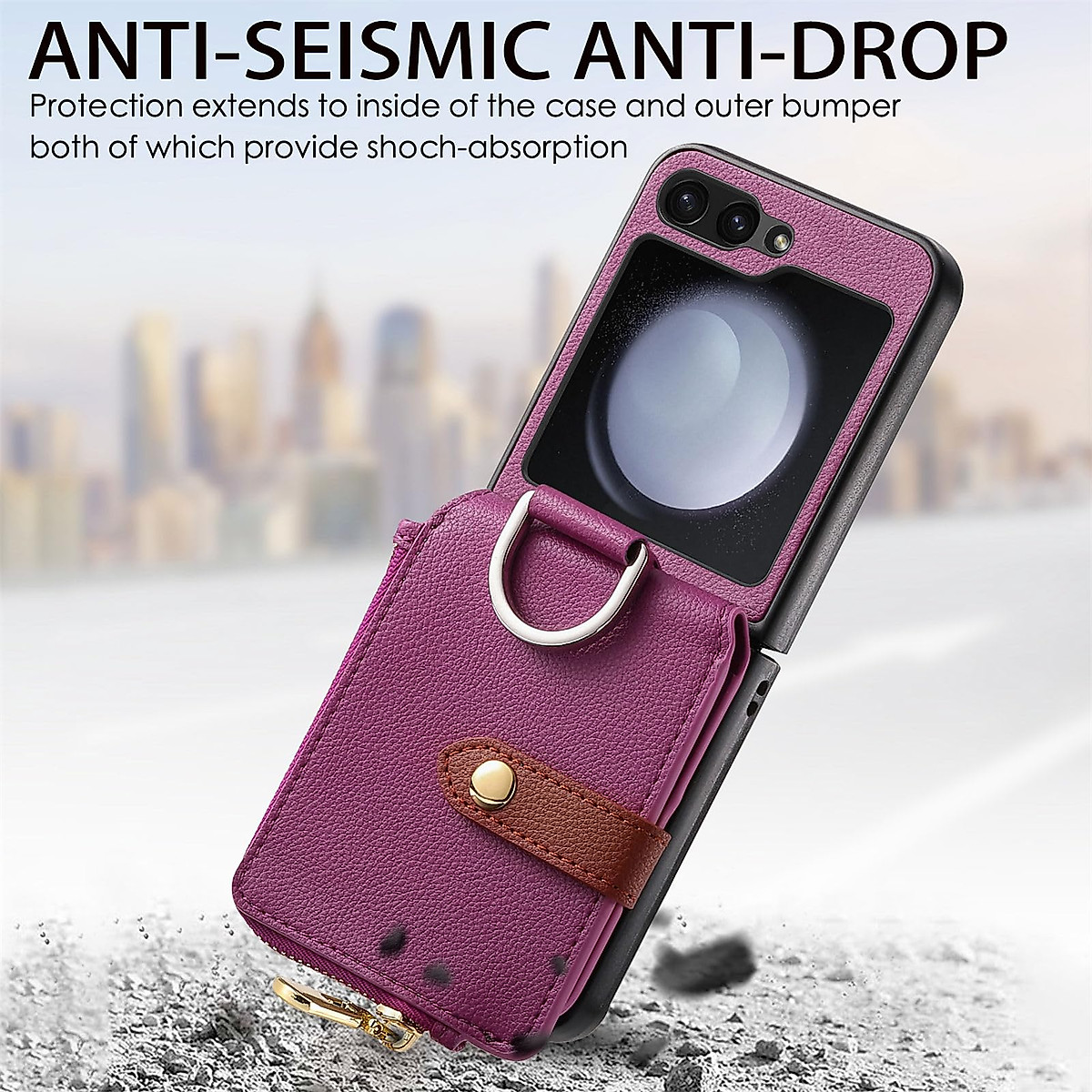 Asuwish Compatible with Samsung Galaxy Z Flip 5 5G 2023 Wallet Case and Card Slot Holder Ring Magnetic Clasp Cell Accessories Protective Zipper Phone Cover for ZFlip5 Z5 Flip5 5Z Flip5case Purple