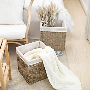 StorageWorks Rectangular Wicker Baskets for Shelves, Natural Seagrass Storage Baskets with Linings, 2-Pack