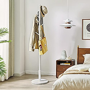 IBUYKE Coat Rack Stand, Freestanding Coat Tree with Solid Round Base and 8 Hooks, Easy Assembly Wooden Coat Hanger, Clothes Rack for Hallway Entryway, Living Room, Bedroom, Office, White WD-114
