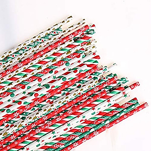 250 Pieces Christmas Paper Straws, 10 Patterns Disposable Mixed Stripe Holiday Paper Straws for Christmas Party Favors