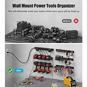 CCCEI 5PCS Individual Pegboard Strip with Power Outlet. Garage All Metal Wall Mount Mini Black Peg Board Set, for Drill and Tools Battery Holder Kit, Cleaning Supplies Cabinet Organizer. Gift for Men