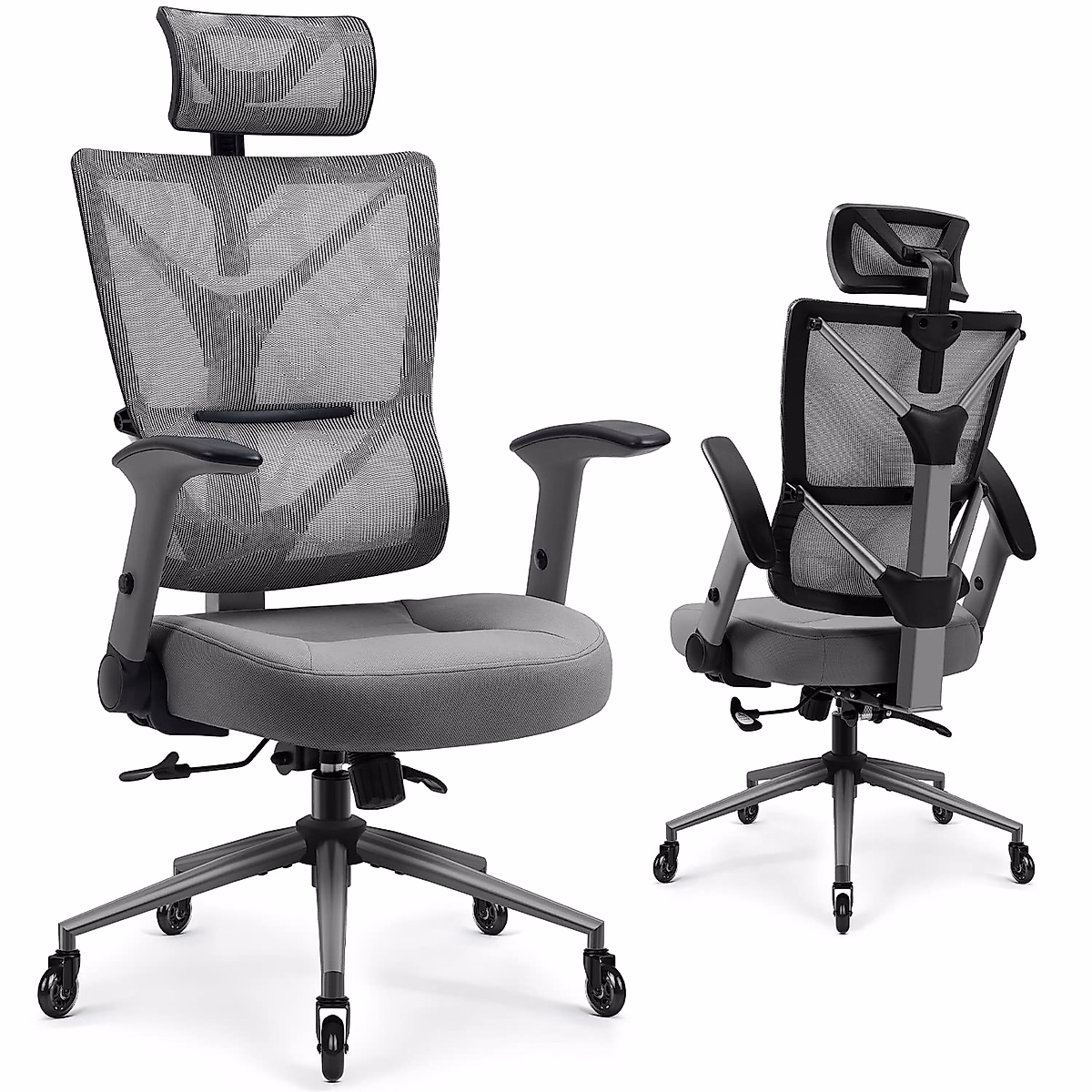 Ergonomic Mesh Office Chair - High Back Home Office Desk Chairs with Adjustable Headrest, 2D Flip-up Arms, Lumbar Support, Tilt Function and Rubber Wheels - Ergonomic Design for Back Pain,Gray