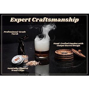 Whiskey Barrel Design Cocktail Smoker Kit with Torch and 4 Flavored Wood Chips (Oak, Hickory, Mesquite, and Cherry) - Old Fashioned Cocktail Kit/Bourbon Smoker Kit; Whiskey Smoker, Bourbon Gifts for Men (No Butane)