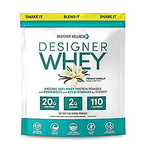 Designer Wellness, Designer Whey, Natural Protein Powder with Probiotics, Fiber, and Key B-Vitamins for Energy, Gluten-Free, French Vanilla, 2 lb