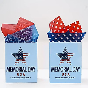 Whaline 120 Pcs Patriotic Tissue Paper Blue Red White Stars Stripe Wrapping Paper 4th of July Art Tissue Paper Art Crafts for DIY Gift Packaging Independence Day Party Decorations, 14x20 inch