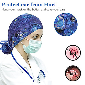 Fanadith Surgical Caps for Women, Scrub Caps Women Ponytail, 3 PCS Scrub Hats with Buttons Ribbon Tie, Adjustable Nurse Caps for Women