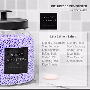 4 Pack Laundry Room Organization and Storage Containers 64 Oz With Labels, Half Gallon Glass Laundry Organizer Jar Holder For Laundry Pods, Scent Booster, Detergent, Dryer Balls Includes 4 Scoops