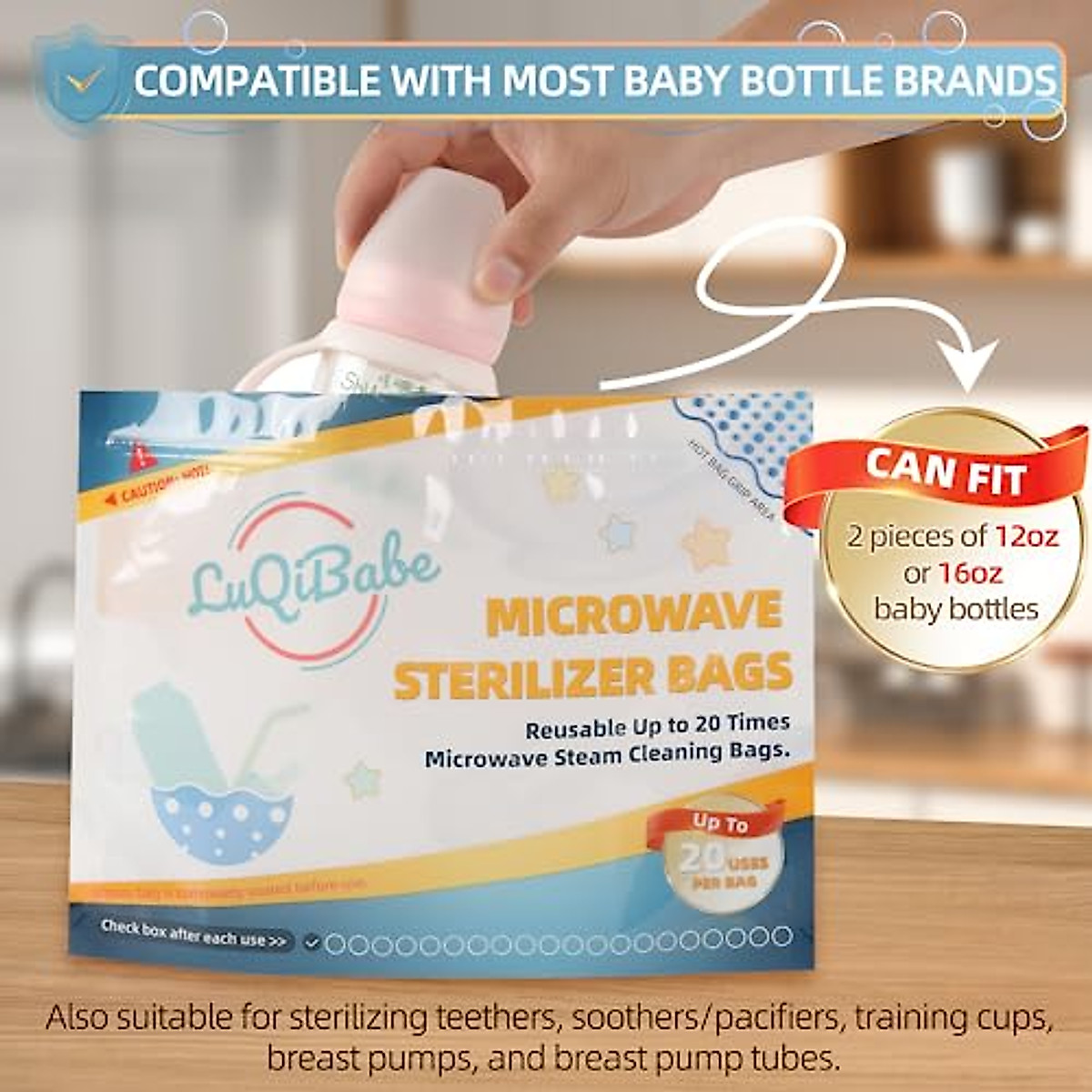 (20-Pack) Microwave Baby Bottle Sterilizer Bags - Reusable Up to 20 Times Teether, Soother, Breast Pump, and Baby Bottle Microwave Steam Cleaning Bags - Baby Bottle Cleaner Travel Accessory