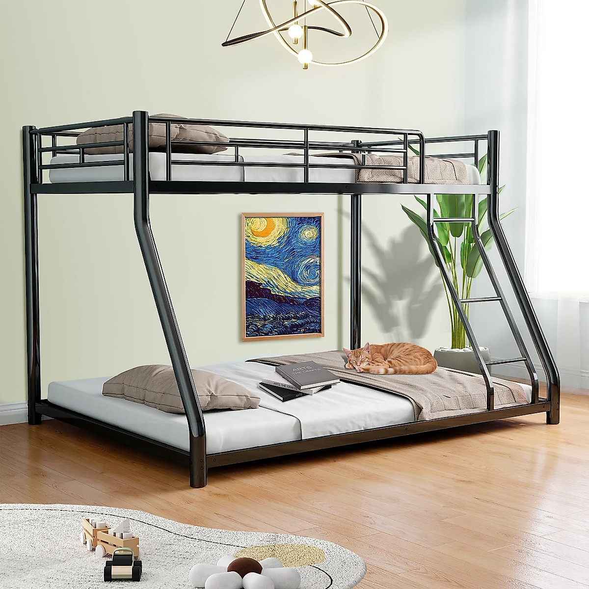 Cyranture Bunk Bed Twin Over Full Size, Twin Over Full Bunk Beds with Ladder & Guardrail Heavy Duty Bunk Beds Frame for Teens Adults Dorm Bedroom Guest Room, No Box Spring Needed, Black
