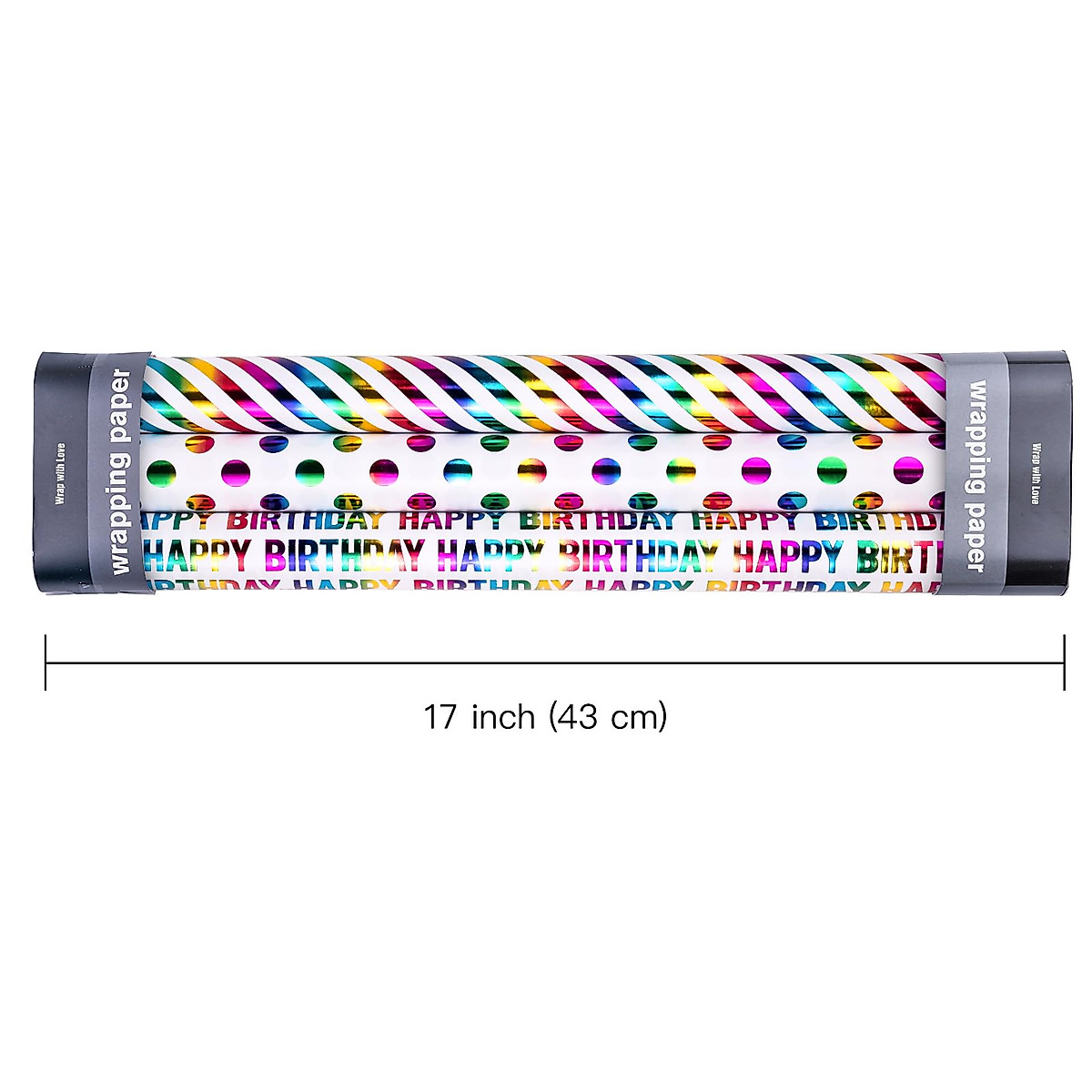 WRAPAHOLIC Birthday Wrapping Paper Roll - Mini Roll - 3 Rolls - 17 inch x 120 inch Per roll - Colorful Foil Birthday Design for Party, Holiday, Baby Shower