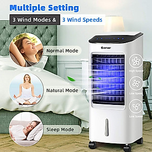 COSTWAY Evaporative Cooler, Portable Cooling Fan with Remote Control, 3-Mode, 3-Speed and 7.5H Timer Function, Include Ice Crystal Boxes, Casters and Water Tank, Bladeless Cooler for Home Office