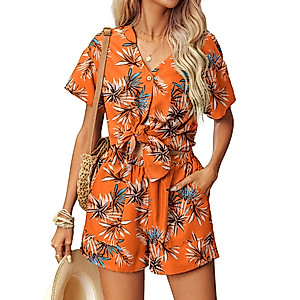 Ekouaer Womens Hawaiian 2 Piece Outfit Short Sleeve Button Down Shirt and Shorts Tracksuit Lounge Set