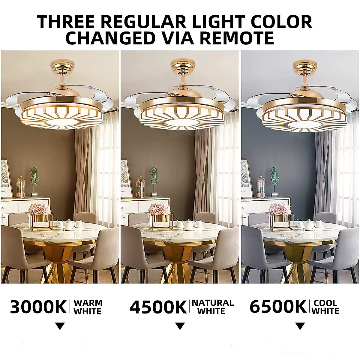 JSDTAN 42" Modern Ceiling Fan Light, Stripes LED 3 Colors Lighting with Remote Control Fixture Ceiling Fan Lights Retractable Invisible Blades Mute Motor for Bedroom Living Room Dining Room