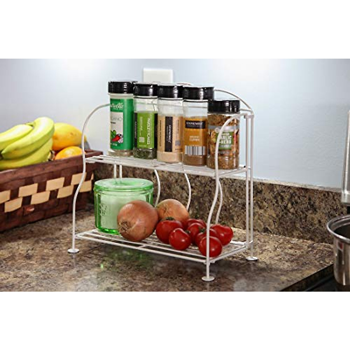 Lily's Home Metal Countertop Wire Shelf Rack, Great for Household Items, Kitchen Organizer, Bathroom Storage and More. Foldable. White (2-Tier)