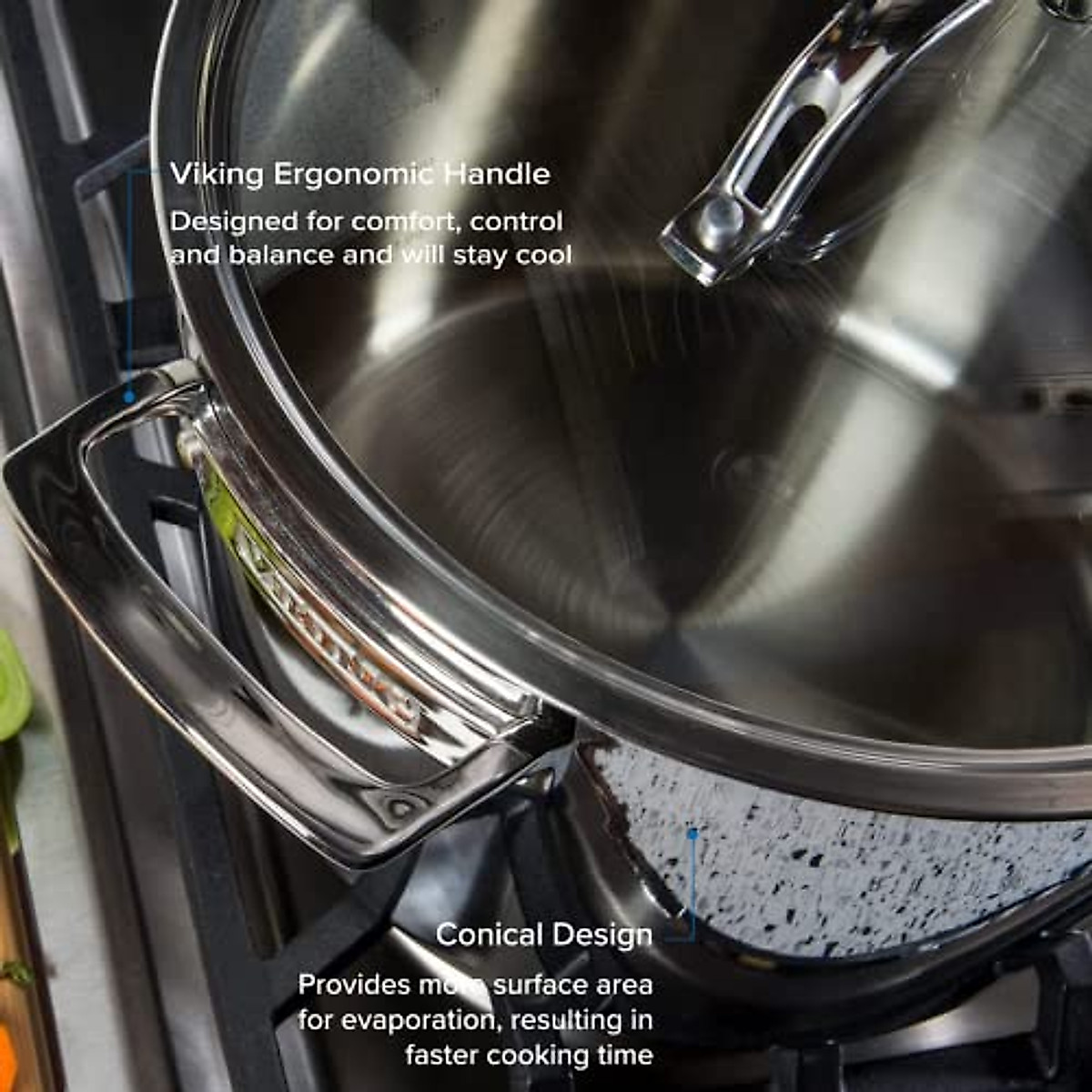 Viking Culinary 3-Ply Stainless Steel Stock Pot, 8 Quart, Includes Glass Lid, Dishwasher, Oven Safe, Works on All Cooktops including Induction