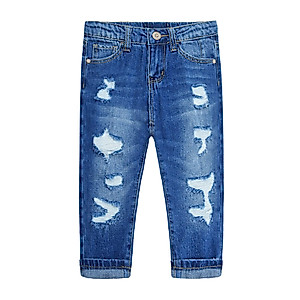 KIDSCOOL SPACE Baby Girl Boy Jeans,Little Kid Elastic Band Inside Ripped Denim Pants,Blue,12-18 Months