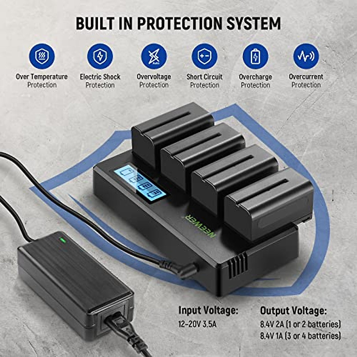 Neewer 4 Packs NP-F750 Replacement Batteries 7.4V 5600mAh with 4 Channel Battery Charger & Power Adapter, Compatible with NP-F550/750/770/970 FM500H QM71D QM91D, Field Monitor, Video Light