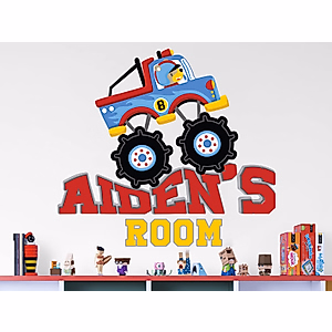 AdesiivoStudio Personalized Name Monster Truck Stickers for Wall Decor - Monster Truck Room Decor for Boys - Monster Jam Wall Decals for Kids Bedroom - Customized Name Wall Decor (Kids Monster Truck)