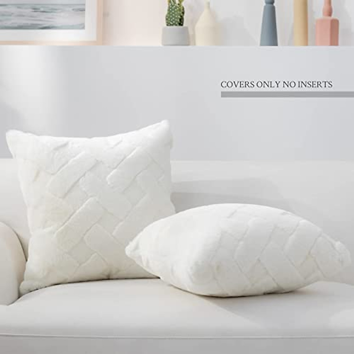 Cozy Bliss Faux Fur Pillow Covers with Insert Luxury Super Soft Plush Fleece Throw Pillow, Textured Knitted Cushion Decorative Pillow for Sofa Couch Bed Chair Car (Cream, 16"x16")