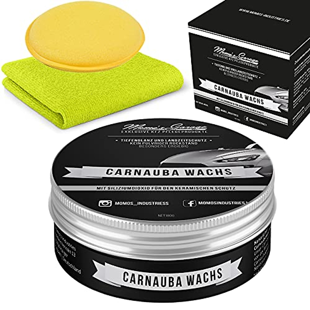 Momo's Garage® Carnauba Wax Varnish Quick Sealing Gloss Booster High Gloss Includes Pad + Microfibre Cloth Car Wax