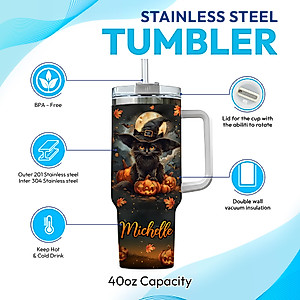 Hyturtle Personalized Halloween Black Cat Tumbler - Gifts For Cat Lovers - Black Cat Gift For Women - Spooky Season Cat Gift - Meoky Halloween Tumbler - Custom Travel Coffee Cup 40oz Lid And Straw