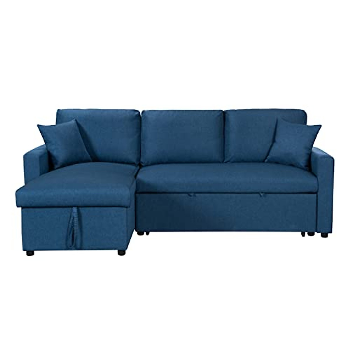 GLANZEND L-Shape Reversible Linen Sleeper Sectional Sofa with Storage Chaise, Corner Convertible Couch w/ 2 Throw Pillows for Living Room, Small Apartment, Dorm, Navy Blue, 57 Inch