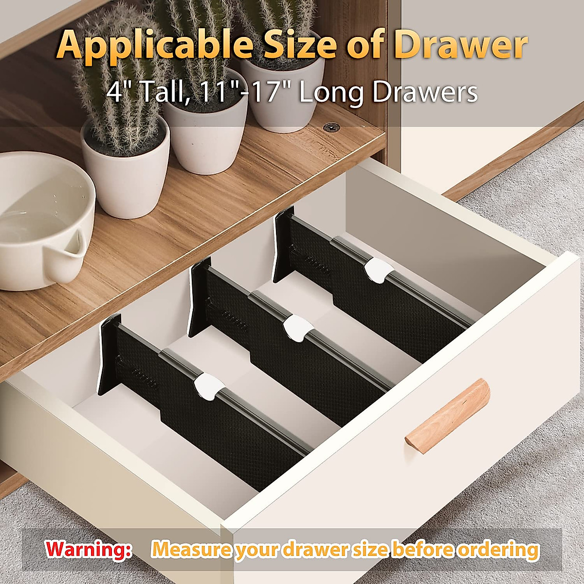 JONYJ Drawer Dividers Organizer 5 Pack, Adjustable Separators 4" High Expandable from 11-17" for Bedroom, Bathroom, Closet,Clothing, Office, Kitchen Storage, Strong Secure Hold, Foam Ends（Black）