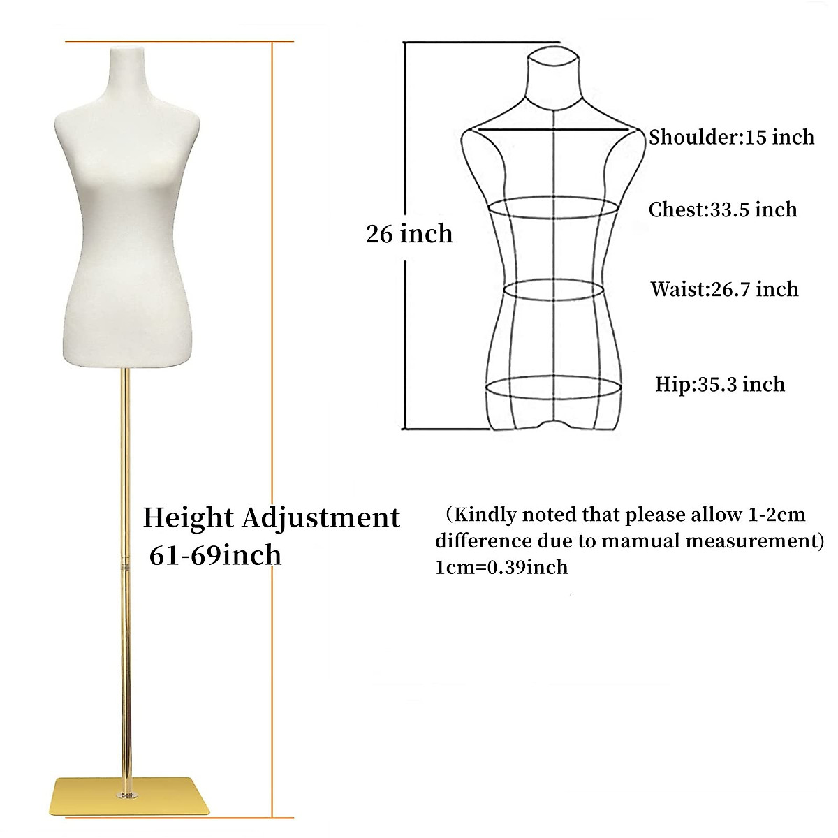 Female Dress Form Mannequin Torso,Height Adjustable Mannequin Stand, Realistic Model Display Body Stand Metall Base Clothing Forms, Beige