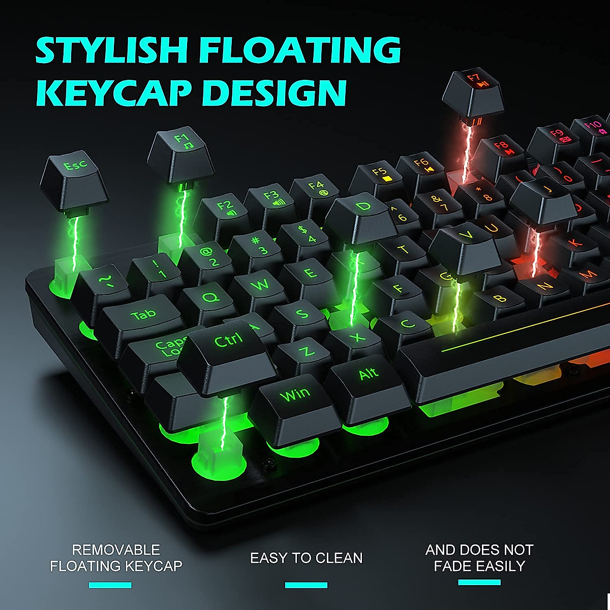 TNBIU Gaming Keyboard, 105-Key Wired Membrane Keyboard, Rainbow LED Backlit Keyboard, Floating Keycap Design, Aluminum Alloy Panel, Stylish Appearance Design, Suitable for Desktop, Computer, PC