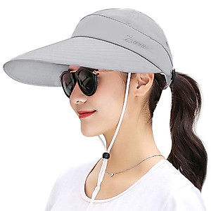 Women Summer Sun Protection Hat Wide Brim UV Hats Removable Neck Face Flap Cap with Ponytail Hole for Fishing Climbing Gardening Gray