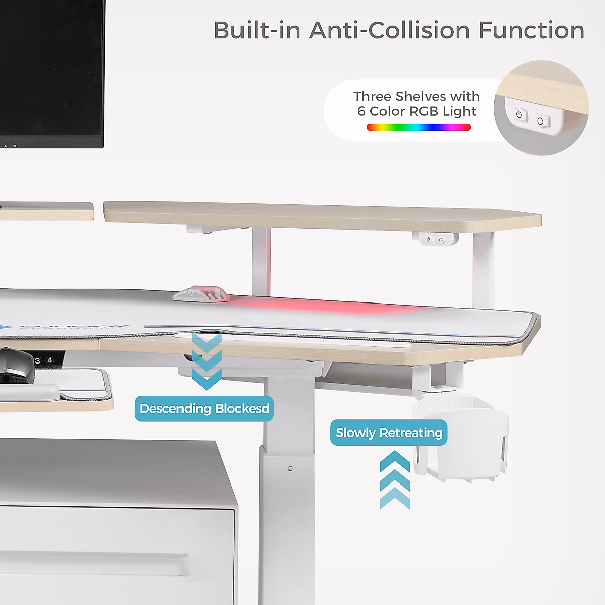 EUREKA ERGONOMIC Standing Desk with Keyboard Tray, Gaming Desk, Wing Shaped Sit Stand Desk 72'' Large Music Studio Desk, LED Convertible Shelves, Dual Motor&Slot, Maple, X-Large (ES71)