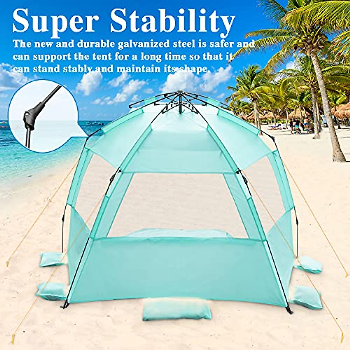 KO-ON Pop Up Beach Tent for 4 Person, Easy Setup and Portable Beach Shade Sun Shelter Canopy with UPF 50+ UV Protection, Extendable Floor with 3 Ventilating Windows Plus Carrying Bag