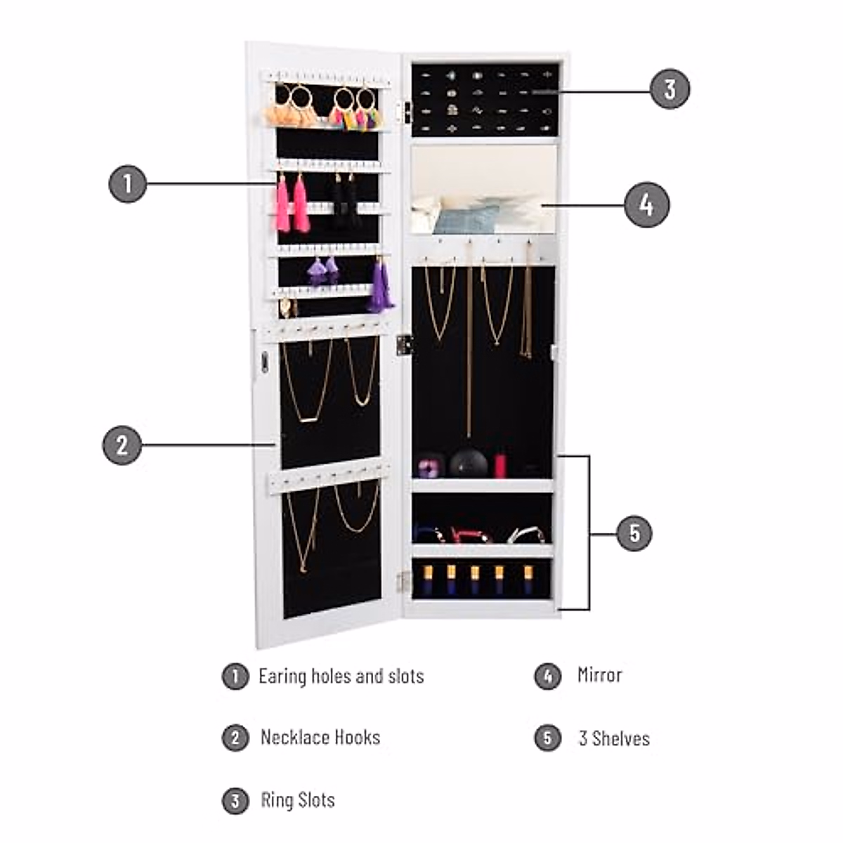 Mind Reader Jewelry Organizer, Full Length Mirror, Jewelry Armoire, Storage, Wall Mount, Wood, 12.5" L x 3.5" W x 43.5" H, White