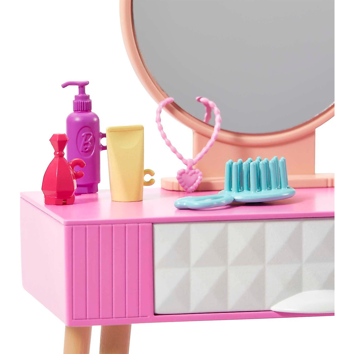Barbie Furniture & Accessories Set, Doll House Décor, 10+ Pieces for Vanity Including Stand with Mirror, Stool, Beauty Products & More