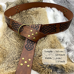 HiiFeuer Medieval Embossed PU Leather O Ring Belt, Retro Renaissance Knight Belt (Dark Brown C)
