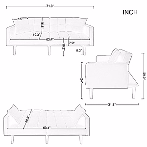 POCIYIHOME Futon Sleeper Sofa Adjustable Back and 2 Pillows, Upholstered Indoor Chaise with Conical Wood Legs, 2-Seater Recliner for Living, Bedroom,Office,Waiting Room, Polyester, Dark Gray