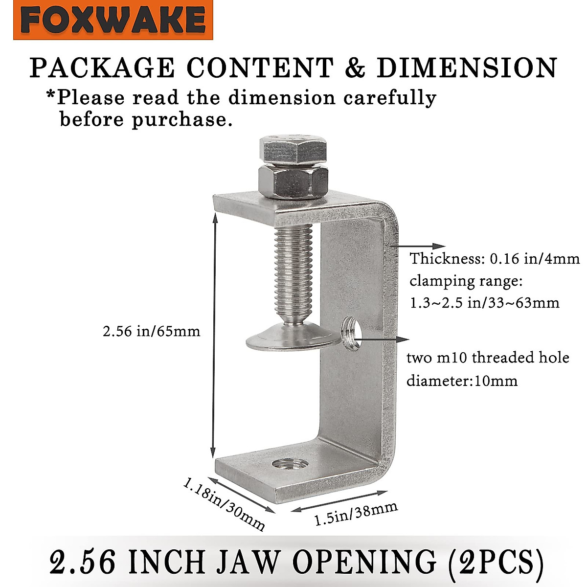 Heavy Duty Stainless Steel C Clamps 2 1/2 Inch for WoodWorking, Small U Clamps for Mounting, Mini Desk Clamps with Stable Wide Jaw Opening & Protective Pads/I-Beam Design (2pcs)