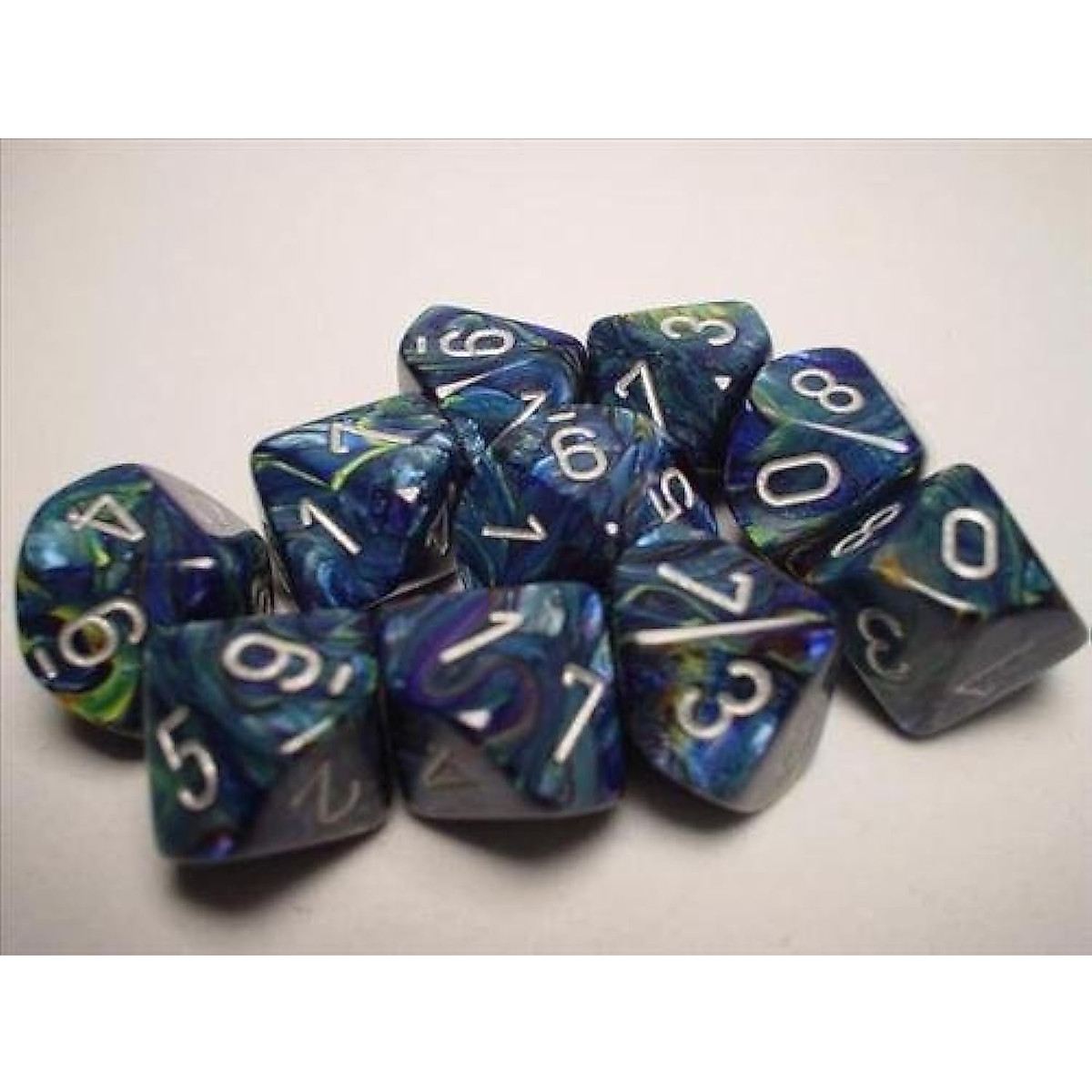 Chessex Dice Sets: Festive Green with Silver (Blue-Green) - Ten Sided Die d10 Set (10)