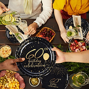 Gatherfun 60th Birthday Party Supplies Disposable Paper Plates Napkins Cups Knives Spoons Forks Tablecloth Banner Number 60 Balloons for Men Woman Black and Gold 60 Birthday Party Decorations Serve 25