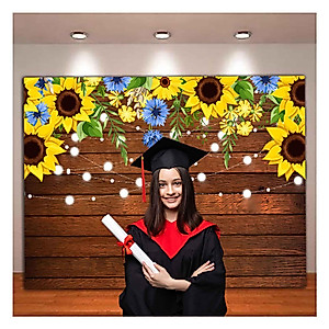 Rustic Sunflower Wooden Photo Banner 7x5ft Summer Floral Brown Wood Photography Backdrop Congrats Grad Prom Birthday Baby Shower Bridal Shower Wedding Background Supplies