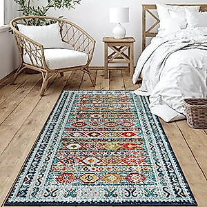 Wonnitar Bohemian Area Rug - Washable 3x5 Entry Rug Non-Slip Colorful Throw Rug,Boho Living Room Kitchen Mat Low-Pile Geometric Indoor Floor Carpet for Laundry Mudroom Dining Table
