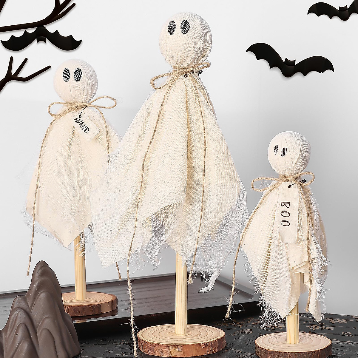 RERCIT 3 Pack Halloween Ghost Kits Decor Indoor with Wooden Stand, Halloween Centerpieces for Tables, Halloween Mantel Decorations
