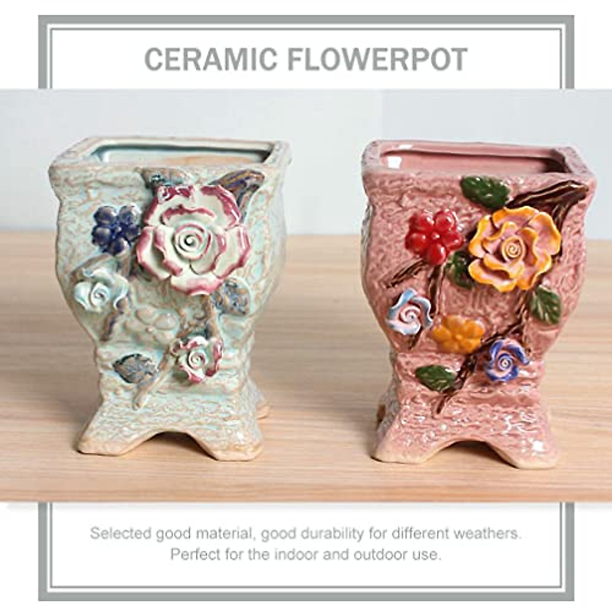 VOSAREA Hand Painted Square Succulent Planter Cactus Planter Pot Bonsai Pot Clay Pot Flower Pot Floral Design Random Color