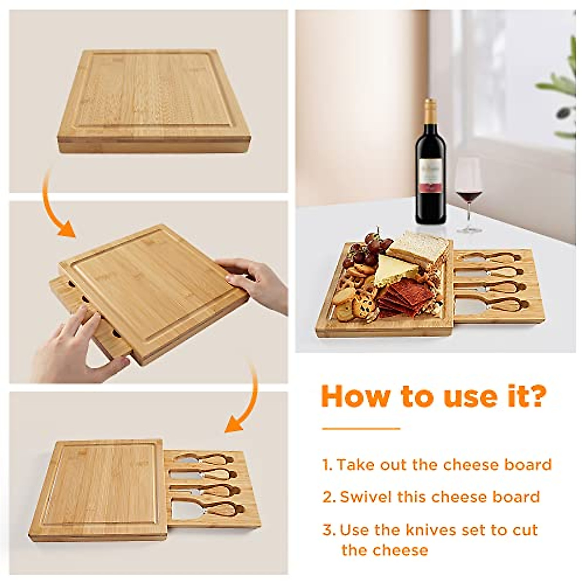 Yibidys Cheese Board Set, Charcuterie board Set, Bamboo Cheese Plate including Knife Sets, Cheese Tray with Slide-Out Drawer for Home and Gift