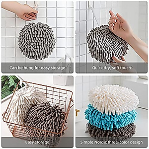 TYUI Chenille Hand Towel Ball,Soft Absorbent Chenille Ball Towel Sets,Microfiber Quick Drying Hands Towels for Bathroom/Kitchen3 Pack(White+Gray+Blue)