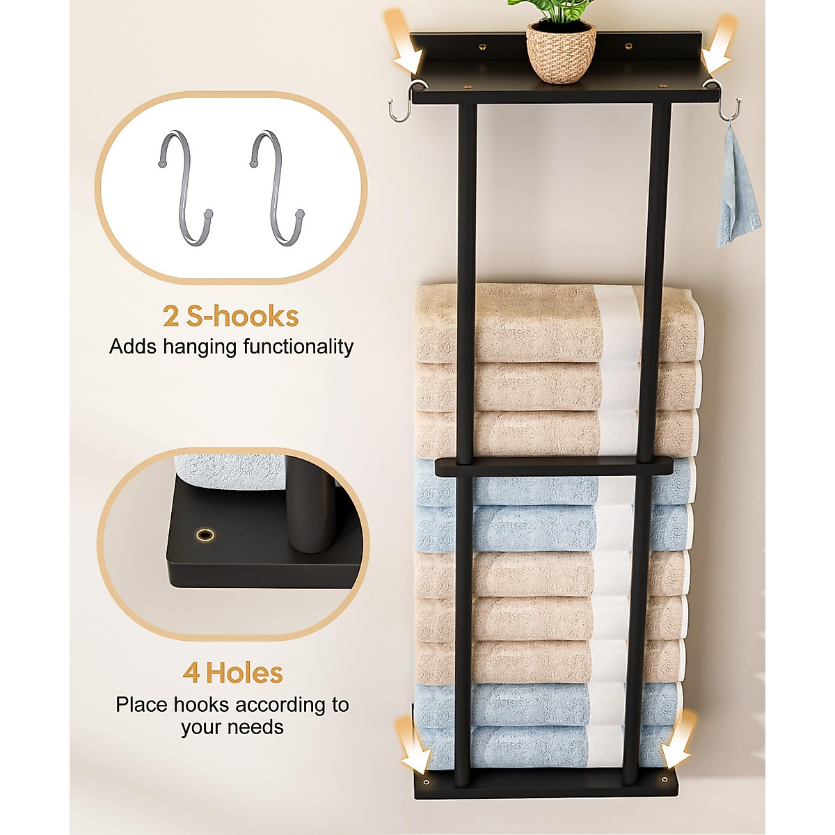 Cozivolife Bamboo Towel Rack for Bathroom with 2 Hooks, 32.7 inch with Shelf Wall Mounted Towel Storage Organizer, Large Capacity Towel Holder for Bathe Towels and Hand Towels (Black)
