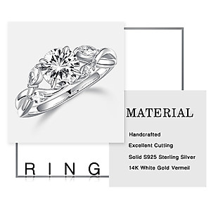 MOOSEA Moissanite Willow Engagement Rings for Women, 1.2ct Round D Color VVS1 Clarity Lab Created Diamond Wedding Rings 14K White Gold Vermeil Moissanite Diamond Promise Rings for Her Jewelry Gifts