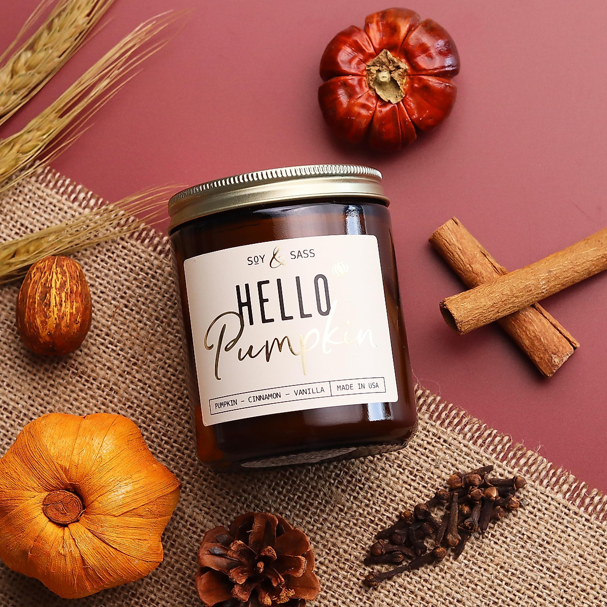 Pumpkin Candle, Fall Candles - 'Hello Pumpkin' Soy Pumpkin Spice Candle I Infused with Essential Oils I Fall Candle Decor, Fall Scented Candle I 9oz Reusable Jar I 50 Hour Burn I Made in USA