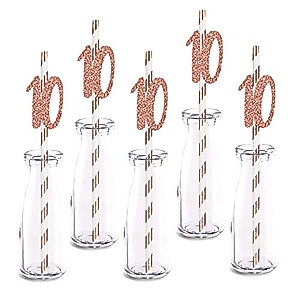 Rose Happy 10th Birthday Straw Decor, Rose Gold Glitter 24pcs Cut-Out Number 10 Party Drinking Decorative Straws, Supplies