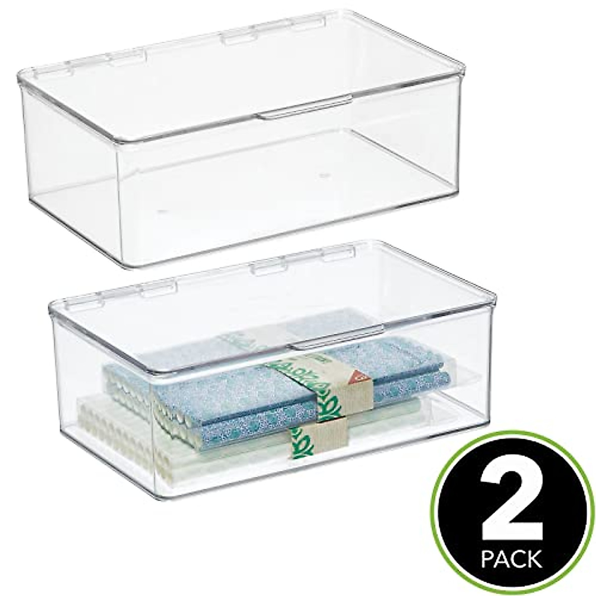 mDesign Plastic Kitchen Pantry and Fridge Storage Organizer Box Containers with Hinged Lid for Shelves or Cabinets, Holds Food, Snacks, Canned Drinks, Seasoning, Condiments, or Utensils, 2 Pack, Clear